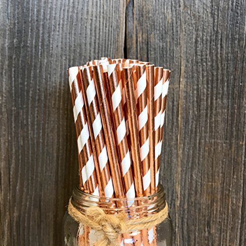 Rose Gold Solid and Stripe Foil Paper Straws - 7.75 Inches - 50 Pack - Outside the Box Papers Brand