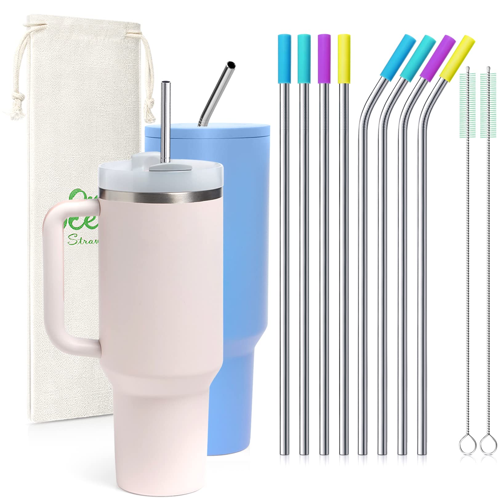 8 Piece 1/4 inch (6mm) Wide Stainless Steel Straws for 40 oz Tumbler with Handle, 12 Inch Long Reusable Metal Drinking Straws, Replacement Straws with Silicone Tips & Cleaning Brush, Silver