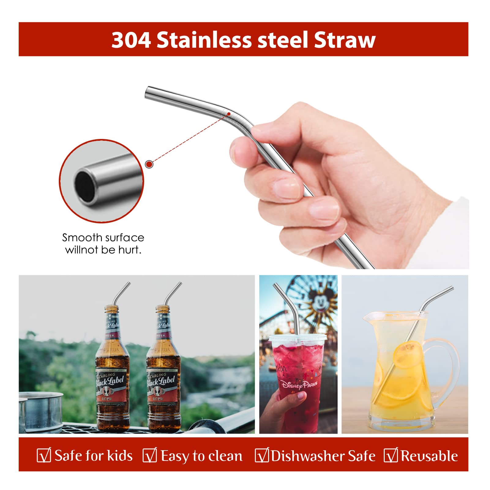 8 Piece 1/4 inch (6mm) Wide Stainless Steel Straws for 40 oz Tumbler with Handle, 12 Inch Long Reusable Metal Drinking Straws, Replacement Straws with Silicone Tips & Cleaning Brush, Silver