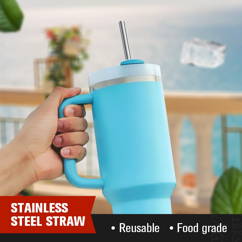 8 Piece 1/4 inch (6mm) Wide Stainless Steel Straws for 40 oz Tumbler with Handle, 12 Inch Long Reusable Metal Drinking Straws, Replacement Straws with Silicone Tips & Cleaning Brush, Silver