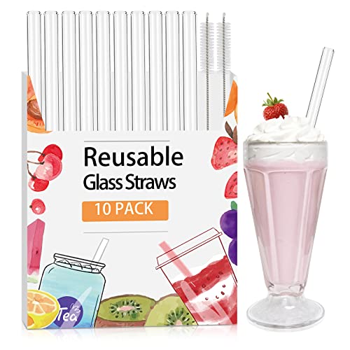 [10 Pcs] Reusable Glass Boba Smoothie Straws - 9" x 14 mm Eco Friendly Clear Drinking Straws with 2 Cleaning Brushes for Bubble Tea,Milkshakes,Juice