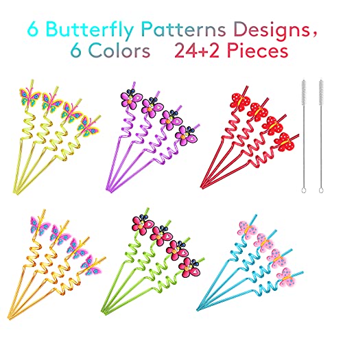 24 Butterfly Drinking Straws with 2 PCS Straws Cleaning Brush for Butterfly Birthday Party Supplies Favors Decorations