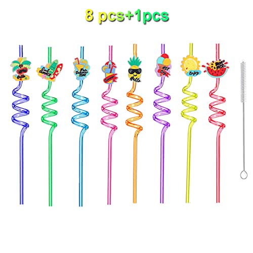 Hawaii Beach Summer Theme Party Favors Straws for Birthday Party Supplies with Cleaning Brush (8pcs)