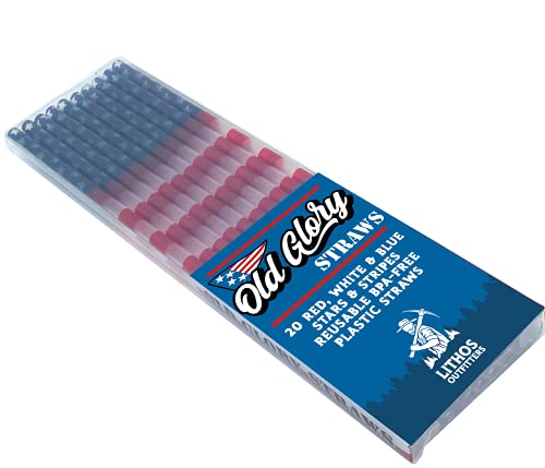 Lithos Outfitters, Old Glory Straws 20-Pack Red White Blue American Flag Reusable BPA-Free Plastic Drinking Straws