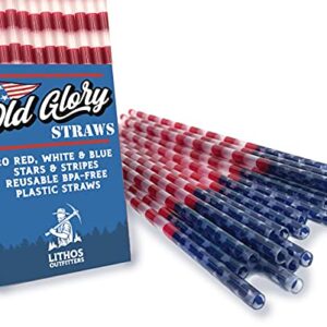 Lithos Outfitters, Old Glory Straws 20-Pack Red White Blue American Flag Reusable BPA-Free Plastic Drinking Straws