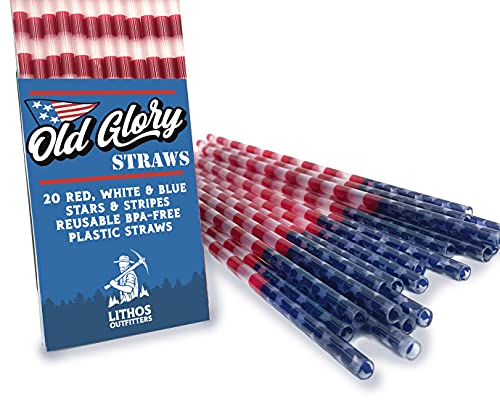 Lithos Outfitters, Old Glory Straws 20-Pack Red White Blue American Flag Reusable BPA-Free Plastic Drinking Straws