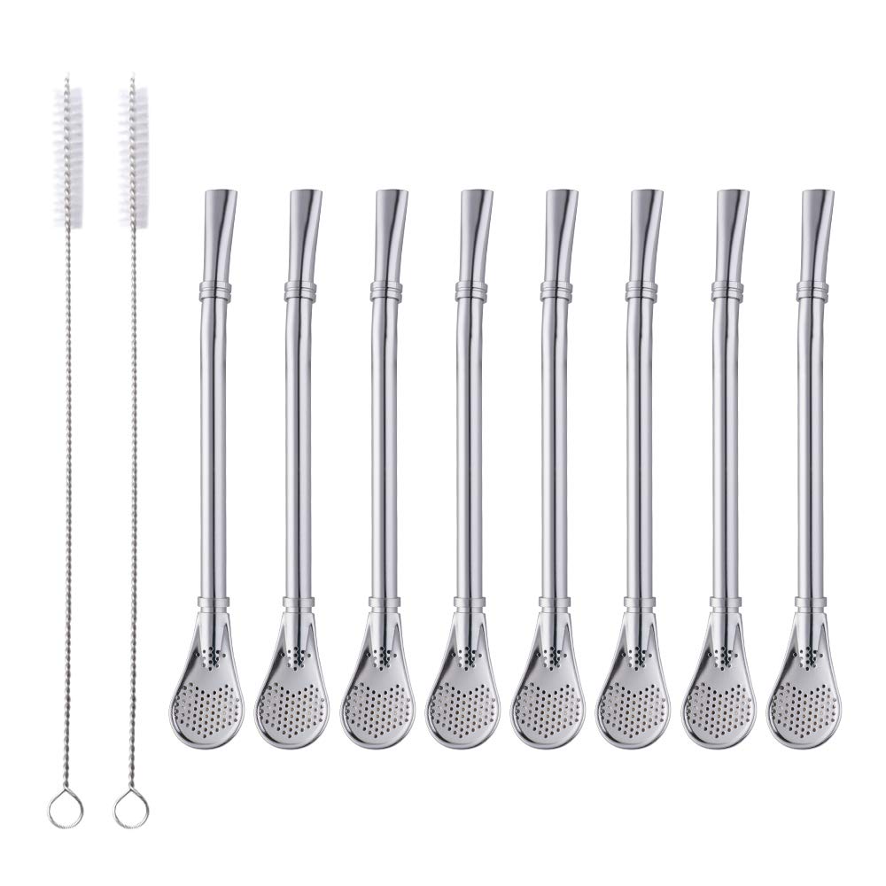 3in1 Metal Straw Spoons for Drinks, Baikai 18/8 Stainless Steel Reusable Tea Filter Stirring Drinking Straws,Set of 10, 6.2 inch (8 Straws+ 2 brushes) (Silver)