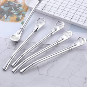 3in1 Metal Straw Spoons for Drinks, Baikai 18/8 Stainless Steel Reusable Tea Filter Stirring Drinking Straws,Set of 10, 6.2 inch (8 Straws+ 2 brushes) (Silver)