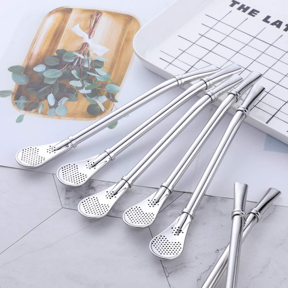 3in1 Metal Straw Spoons for Drinks, Baikai 18/8 Stainless Steel Reusable Tea Filter Stirring Drinking Straws,Set of 10, 6.2 inch (8 Straws+ 2 brushes) (Silver)