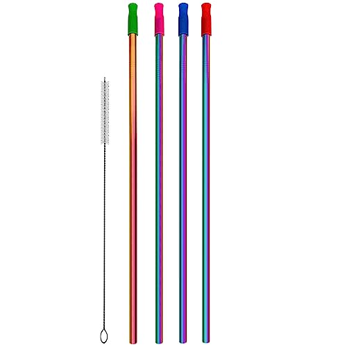 Wobye 4 Pack Colorful Stainless Steel Straws with Silicone Tips & Cleaning Brush, 14'' Extra Long 0.32'' Wide Reusable Metal Straws for 1 Gallon/128 75oz Large Water Bottle 64oz Tumbler, Wine Bottle