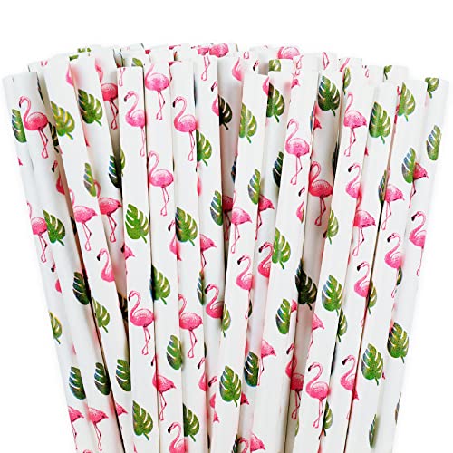 Whaline 100Pcs Summer Paper Straws Flamingo Tropical Leaves Disposable Paper Straws Hawaii Theme Decorative Straws for Summer Party Baby Shower Supplies Juices Shakes Cocktail Decoration