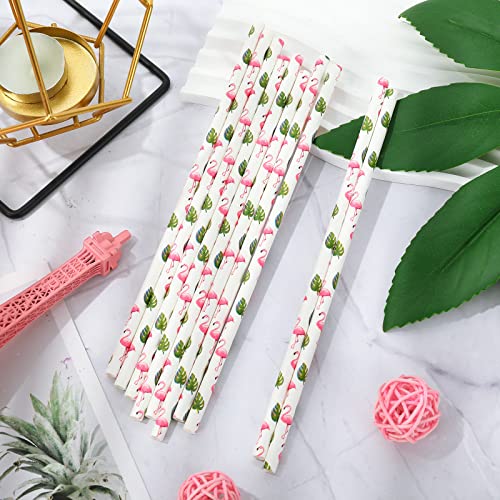 Whaline 100Pcs Summer Paper Straws Flamingo Tropical Leaves Disposable Paper Straws Hawaii Theme Decorative Straws for Summer Party Baby Shower Supplies Juices Shakes Cocktail Decoration