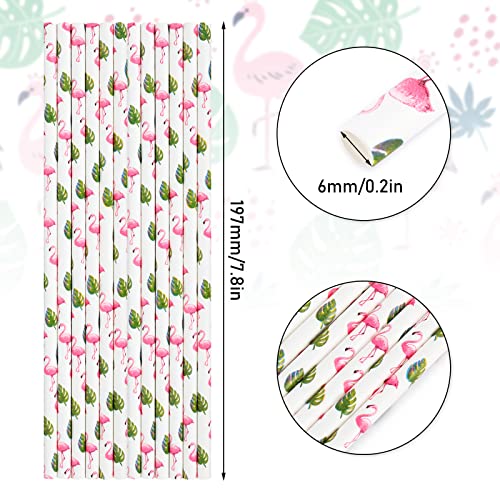 Whaline 100Pcs Summer Paper Straws Flamingo Tropical Leaves Disposable Paper Straws Hawaii Theme Decorative Straws for Summer Party Baby Shower Supplies Juices Shakes Cocktail Decoration