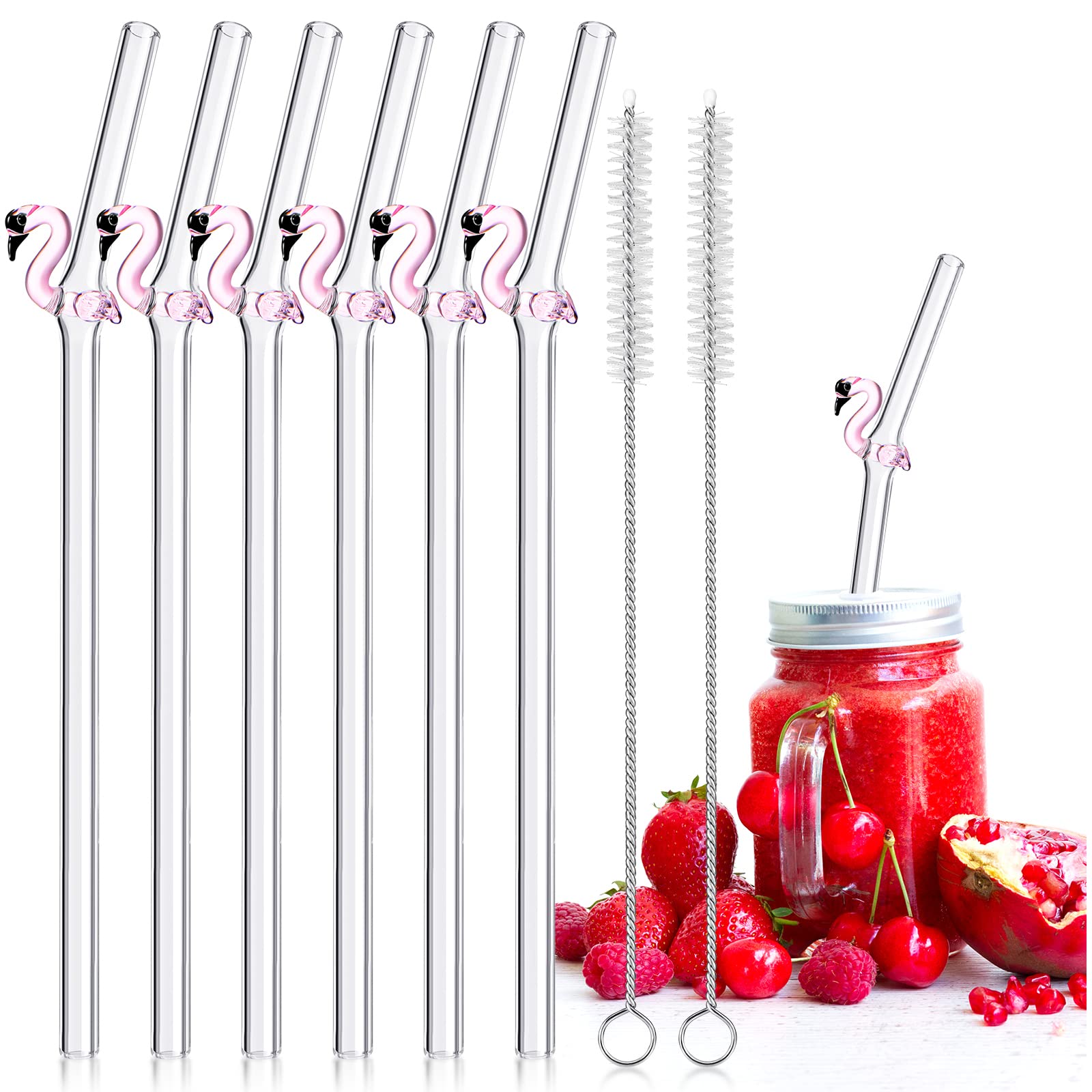 6 Pcs Flamingo Straws 7.9 Inch Bend Glass Straws with Design Flamingo Party Decorations Cute Reusable Straws Pink Flamingo Drinking Straws with 2pcs Cleaning Brush for Cocktail Juice Birthday Supply