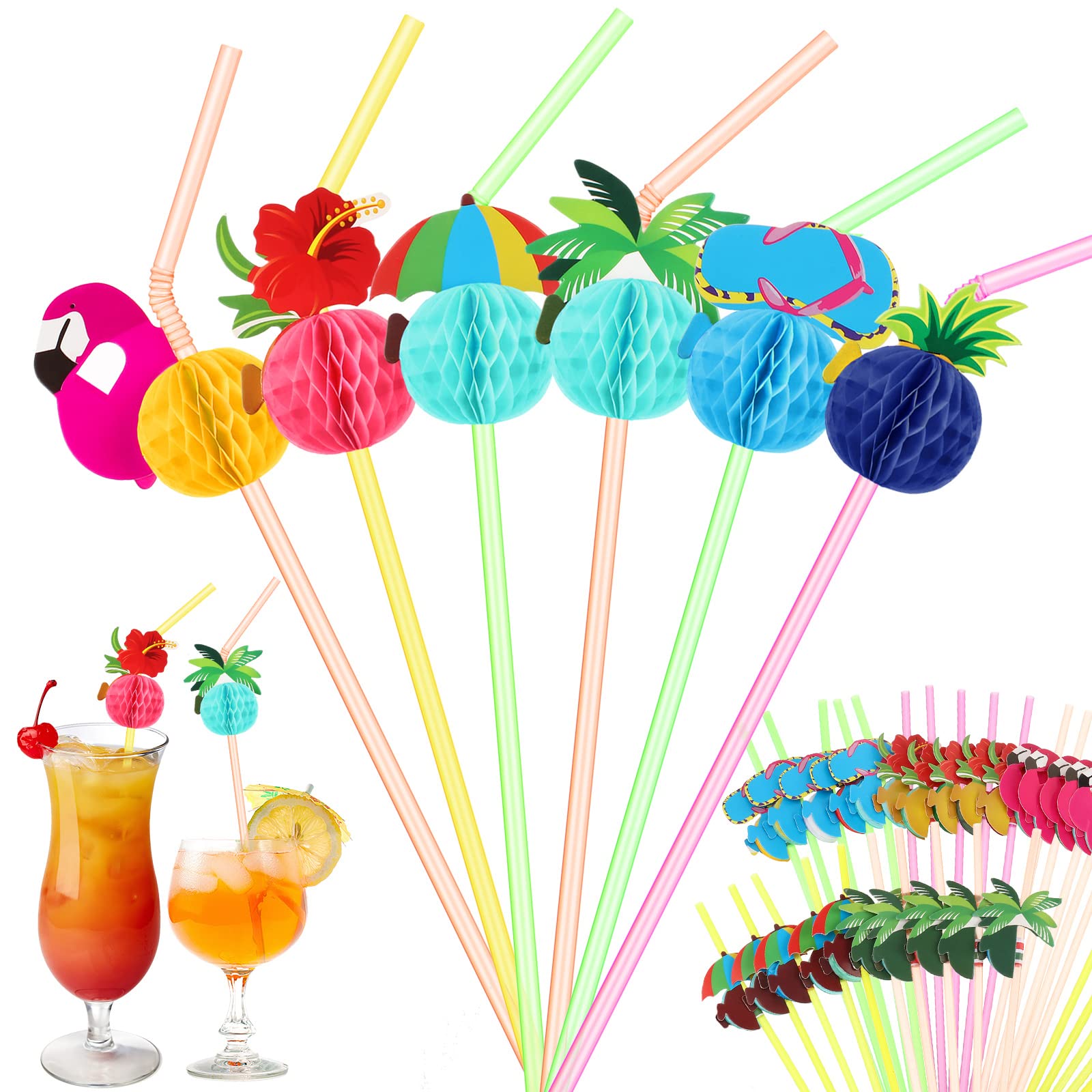 Weewooday 200 Pcs Hawaiian Drinking Straws for Luau Party Tropical Cocktail Disposable Straws Bendable Straws Flamingo Umbrella Straws for Hawaiian Pool Beach Flamingo Party Decorations