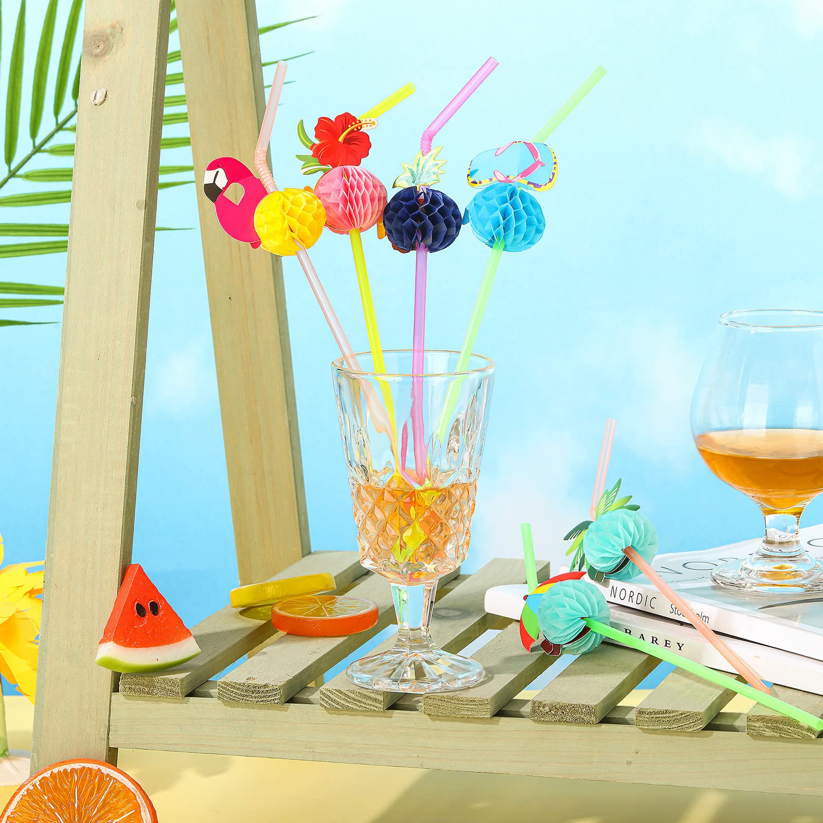 Weewooday 200 Pcs Hawaiian Drinking Straws for Luau Party Tropical Cocktail Disposable Straws Bendable Straws Flamingo Umbrella Straws for Hawaiian Pool Beach Flamingo Party Decorations