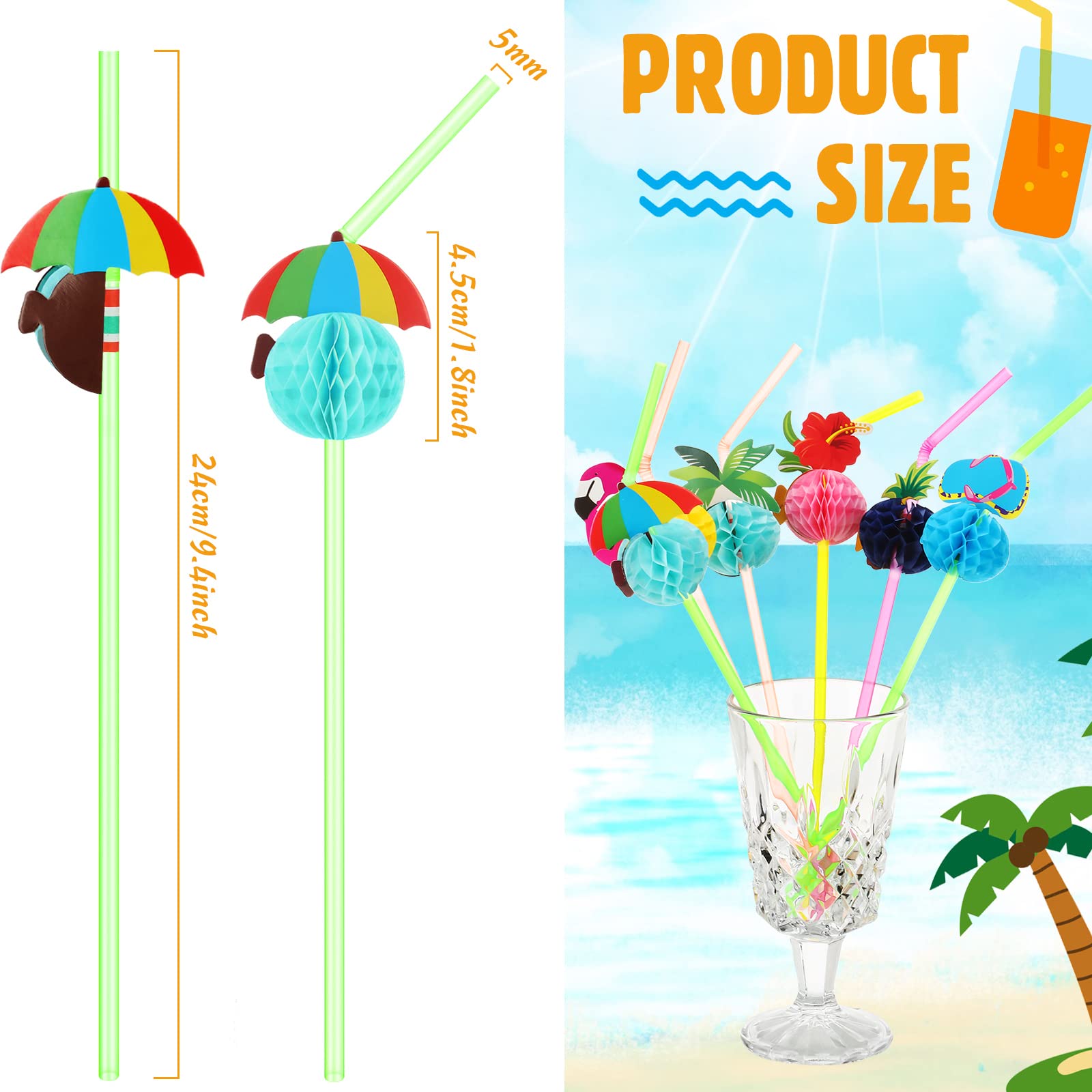 Weewooday 200 Pcs Hawaiian Drinking Straws for Luau Party Tropical Cocktail Disposable Straws Bendable Straws Flamingo Umbrella Straws for Hawaiian Pool Beach Flamingo Party Decorations