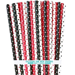 paper drinking straws - black red and white polka dot - ladybug theme - 7.75 x .25 inches - 100 pack - outside the box papers brand