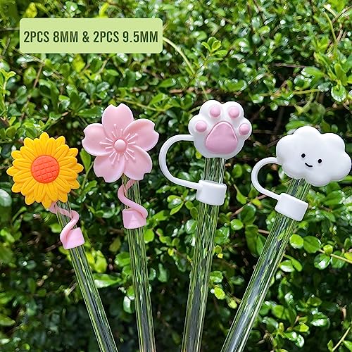 CYUHPYE 2PCS 8MM Straw Caps + 2PCS 9.5MM Straw Covers for Stanley 40 oz 30 oz 20 oz, Silicone Flower Straw Covers Cap Tip Protector Cloud Straw Topper for Stanley Cups