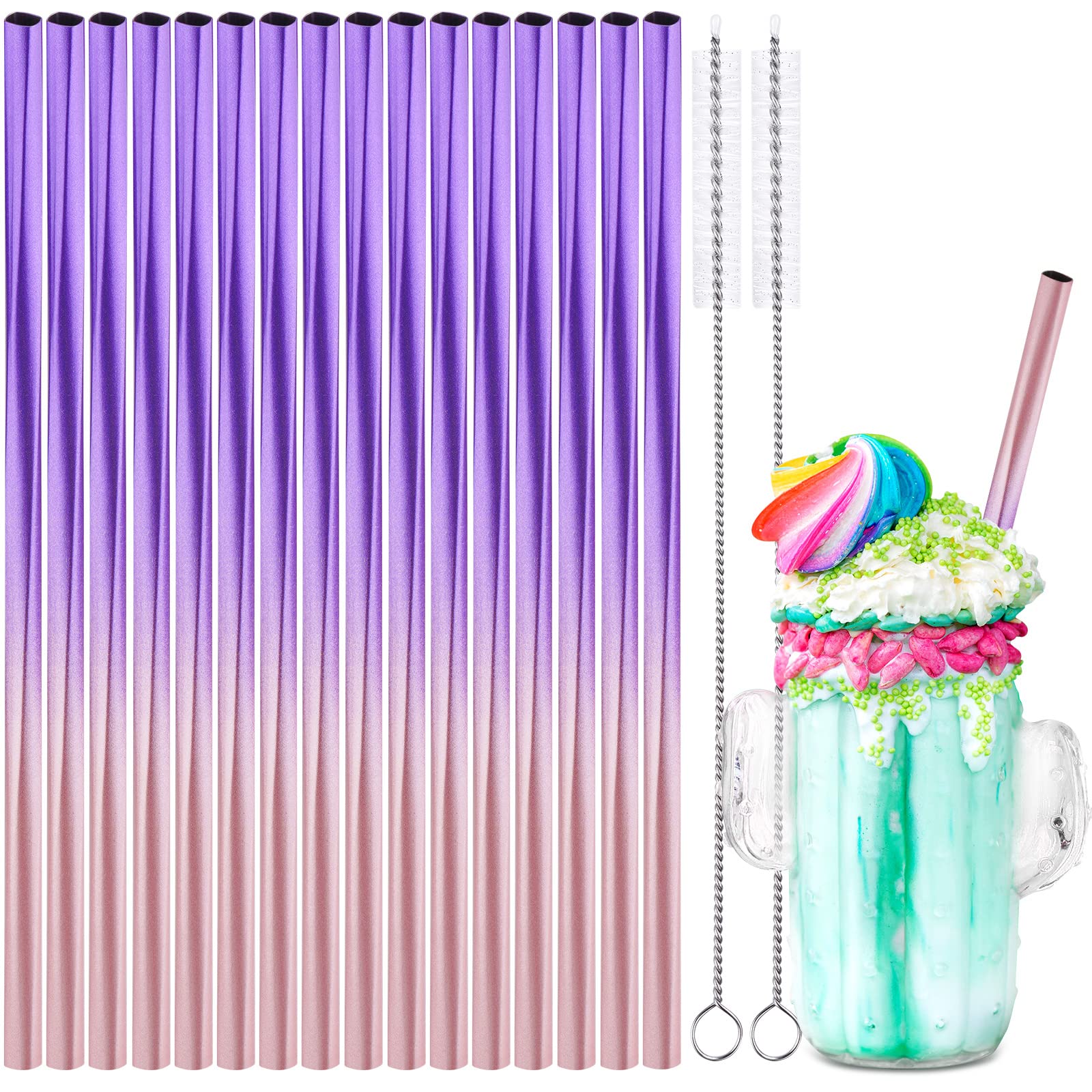 NiHome Pearlescent Reusable Stainless Steel Metal Straws 16-Pack with 2PCS Brushes, 8.5" Length, Square Twisted Design, Dishwasher Safe with 2 Cleaning Brushes Included (Gradient Pink Purple)