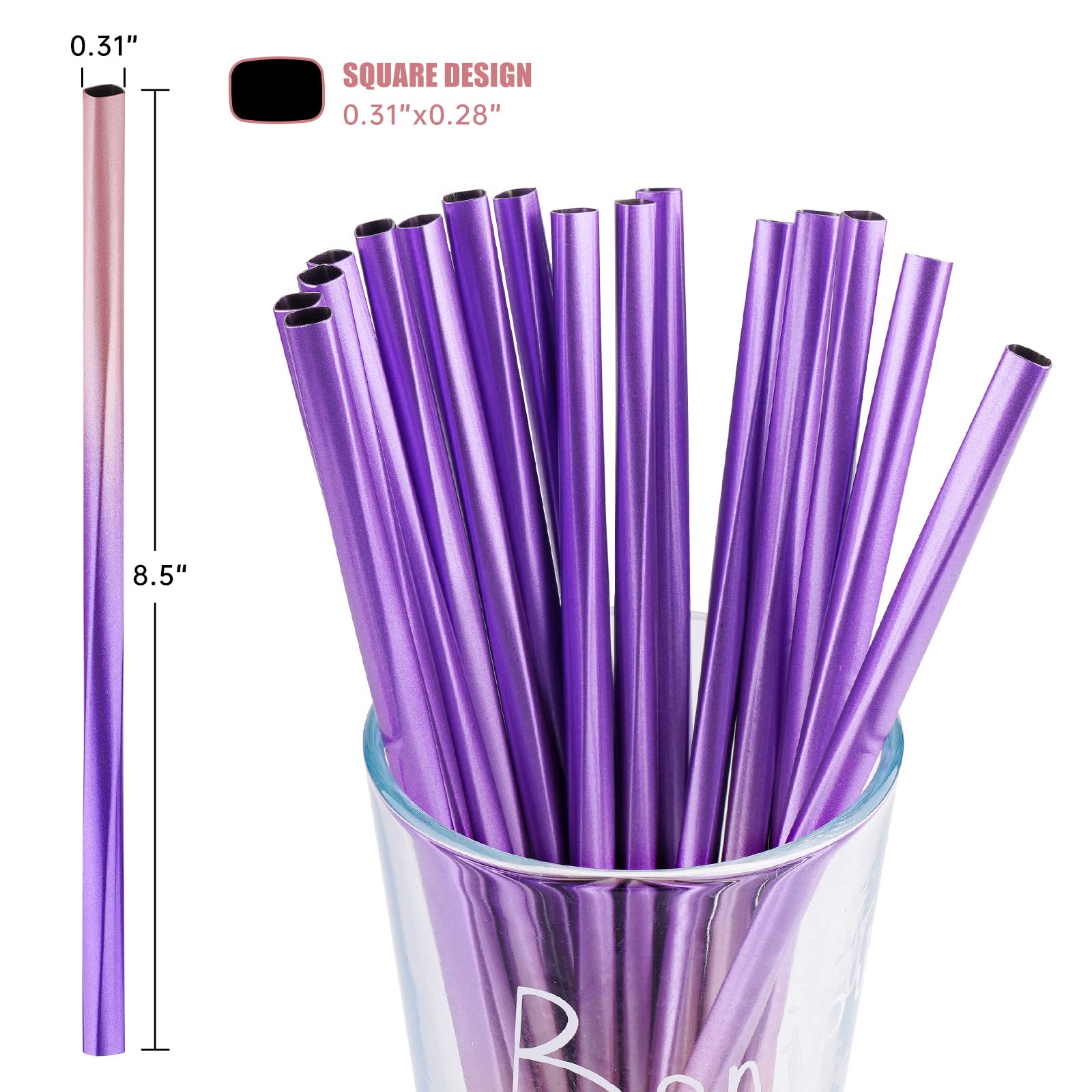 NiHome Pearlescent Reusable Stainless Steel Metal Straws 16-Pack with 2PCS Brushes, 8.5" Length, Square Twisted Design, Dishwasher Safe with 2 Cleaning Brushes Included (Gradient Pink Purple)