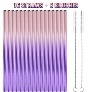 NiHome Pearlescent Reusable Stainless Steel Metal Straws 16-Pack with 2PCS Brushes, 8.5" Length, Square Twisted Design, Dishwasher Safe with 2 Cleaning Brushes Included (Gradient Pink Purple)