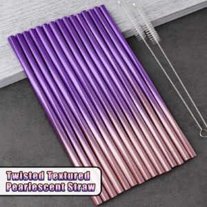 NiHome Pearlescent Reusable Stainless Steel Metal Straws 16-Pack with 2PCS Brushes, 8.5" Length, Square Twisted Design, Dishwasher Safe with 2 Cleaning Brushes Included (Gradient Pink Purple)