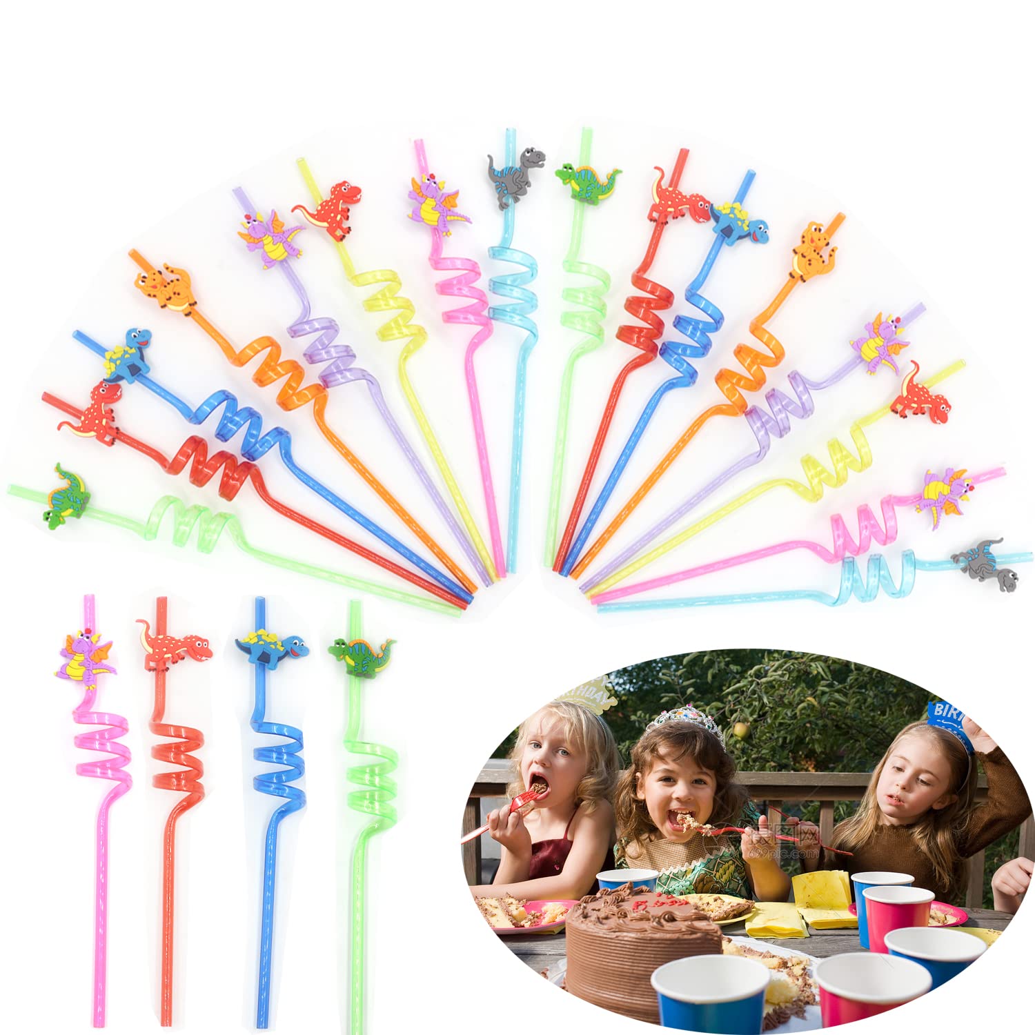 24pcs Reusable Dinosaur Straws, Plastic Dinosaur Drinking Straws for Kids Birthday Party Favors, 8 Styles Safari Jungle Dinosaur Theme Straws for Dinosaur Party Decoration Supplies.