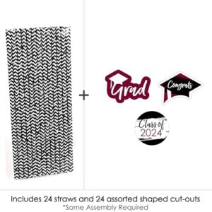 Big Dot of Happiness Maroon 2024 Graduation Paper Straw Decor - Party Striped Decorative Straws - Set of 24