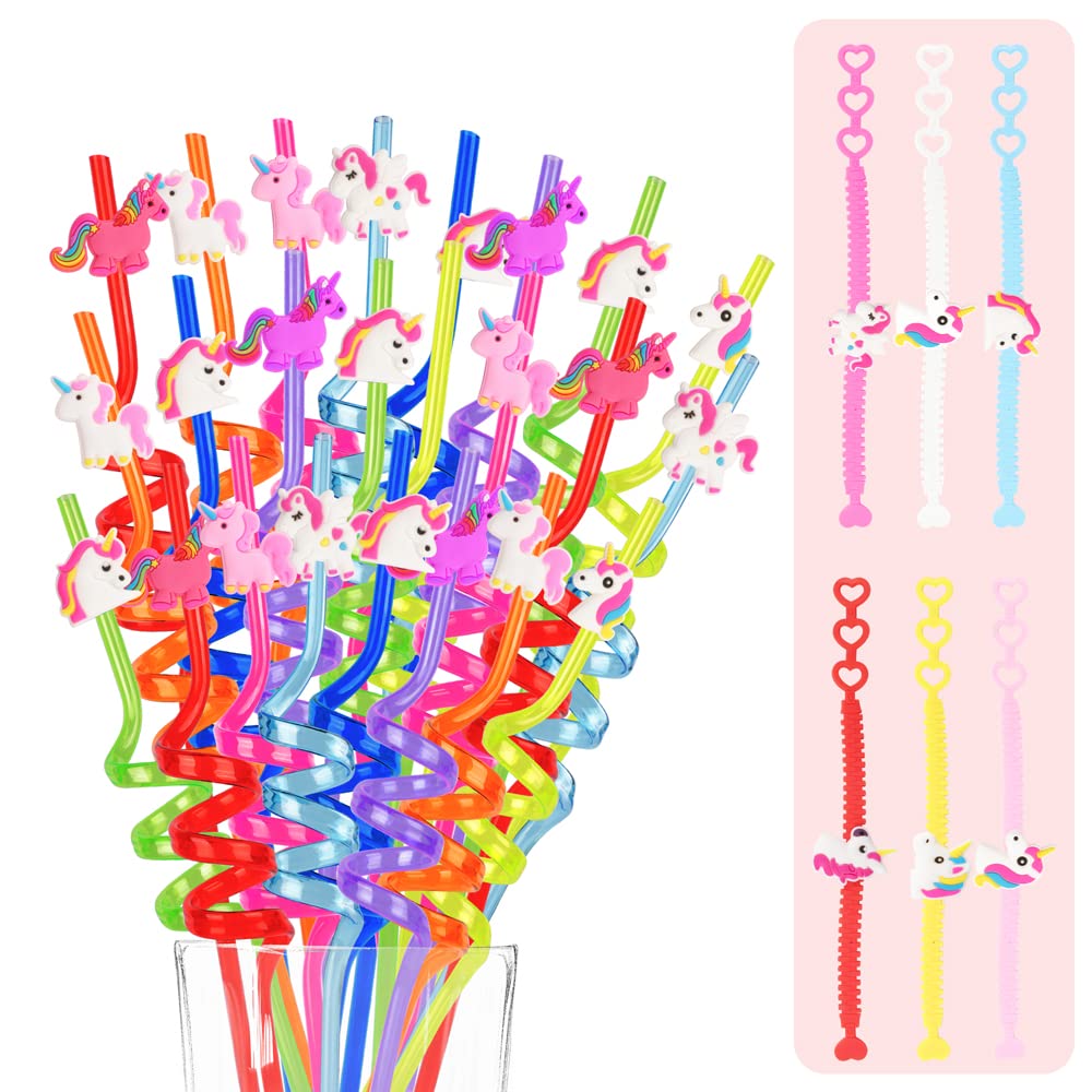 24 Reusable Drinking Plastic Straws + 6 Temporary Tattoos or 6 Silicone bracelets for Girls and Boys Birthday Party Decorations with Unicorn,Mermaid,or Dinosoaur,plus 1 Cleaning Brush