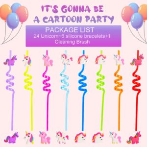 24 Reusable Drinking Plastic Straws + 6 Temporary Tattoos or 6 Silicone bracelets for Girls and Boys Birthday Party Decorations with Unicorn,Mermaid,or Dinosoaur,plus 1 Cleaning Brush