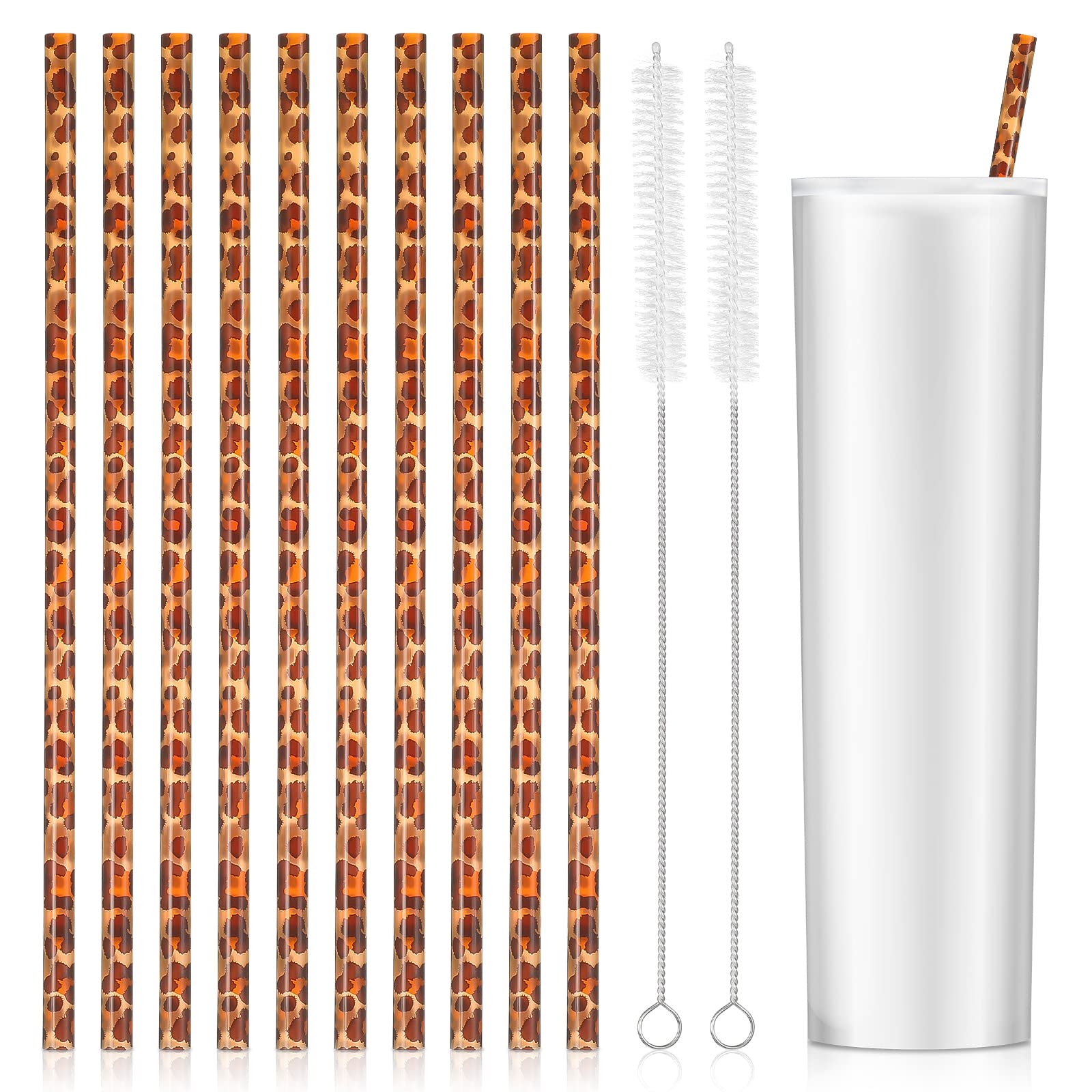 10 Pieces Tall Leopard Print Plastic Straws Set Cheetah Leopard Reusable Straws Safari Themed Disposable Drinking Straws with 2 Cleaning Brushes Fits 20oz, 22oz, 32oz Tumblers