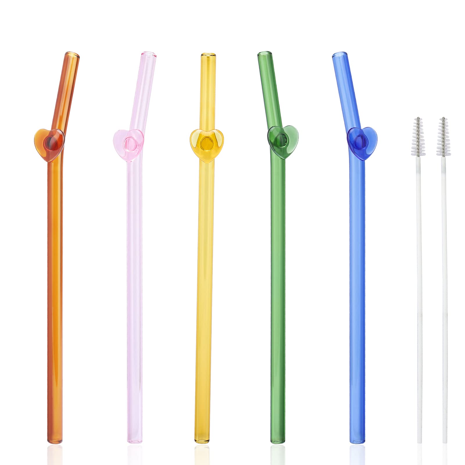 Kitchnacc Reusable Glass Drinking Straws with Cute Heart Design 8.5"*8mm for Fun Drinking Cocktail Valentine Birthday Party Bridal Shower Wedding Supplies - Amber, Pink, Yellow, Green, Blue - 5 pack