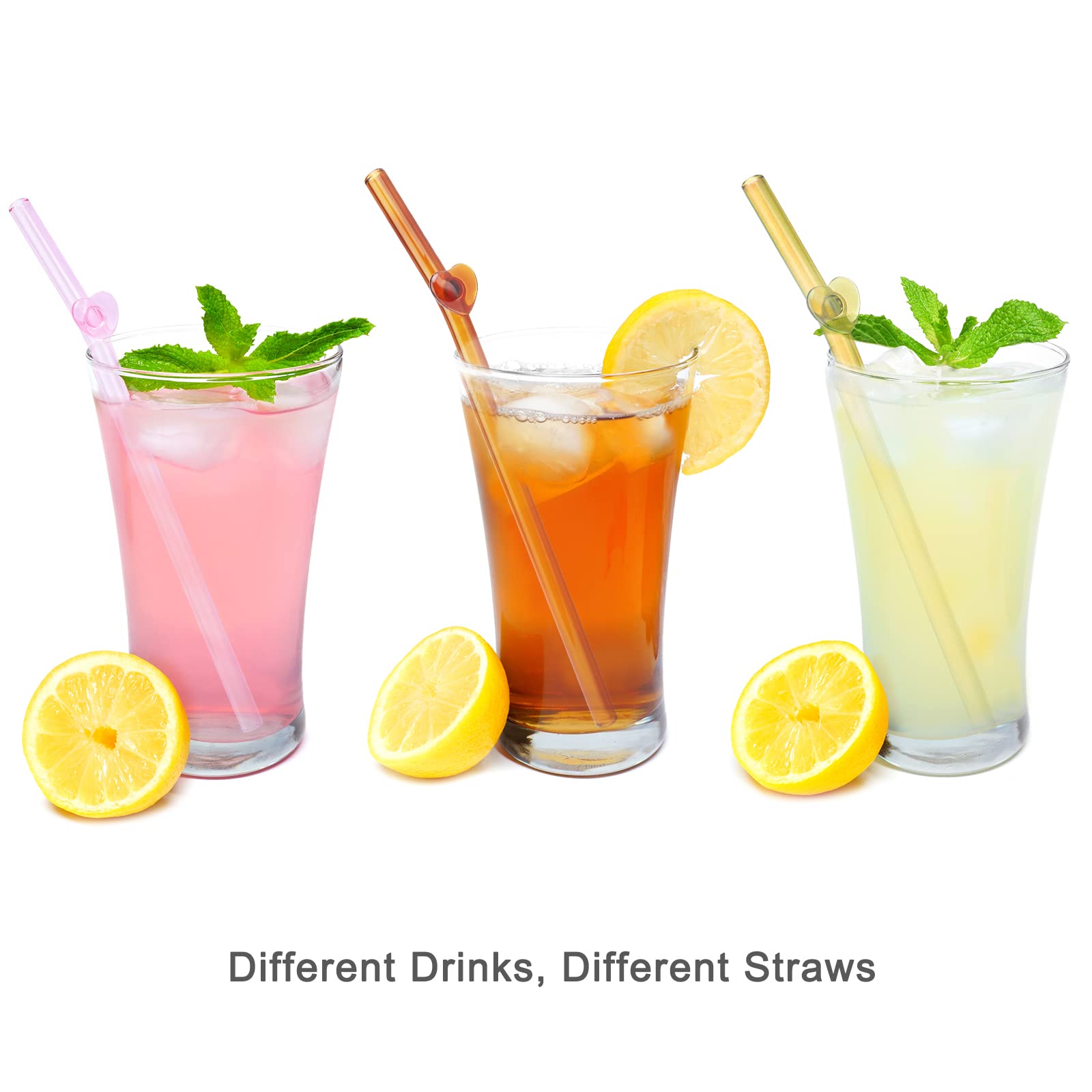 Kitchnacc Reusable Glass Drinking Straws with Cute Heart Design 8.5"*8mm for Fun Drinking Cocktail Valentine Birthday Party Bridal Shower Wedding Supplies - Amber, Pink, Yellow, Green, Blue - 5 pack