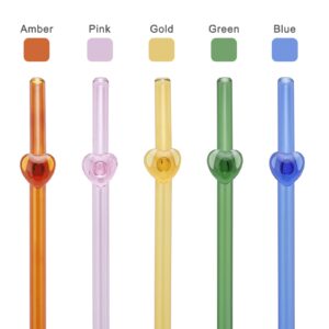 Kitchnacc Reusable Glass Drinking Straws with Cute Heart Design 8.5"*8mm for Fun Drinking Cocktail Valentine Birthday Party Bridal Shower Wedding Supplies - Amber, Pink, Yellow, Green, Blue - 5 pack