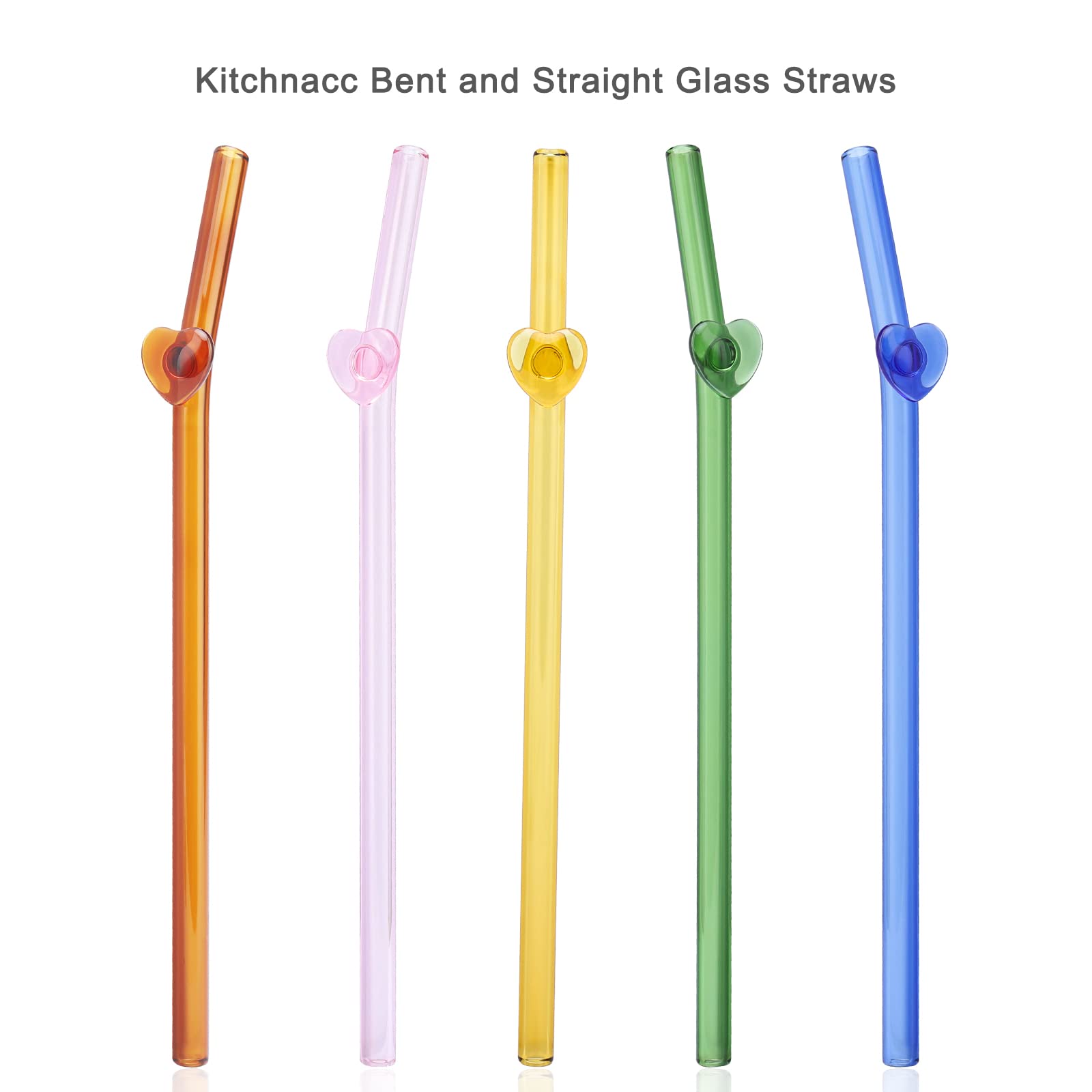 Kitchnacc Reusable Glass Drinking Straws with Cute Heart Design 8.5"*8mm for Fun Drinking Cocktail Valentine Birthday Party Bridal Shower Wedding Supplies - Amber, Pink, Yellow, Green, Blue - 5 pack