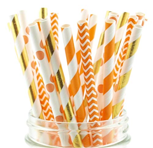 Thanksgiving Dinner Straws (25 Pack) - Fall Leaf Autumn Wedding Party Supplies, Orange & Gold Assorted Paper Straws for Thanksgiving Table Decor