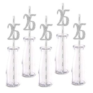 silver happy 25th birthday straw decor, silver glitter 24pcs cut-out number 25 party drinking decorative straws, supplies