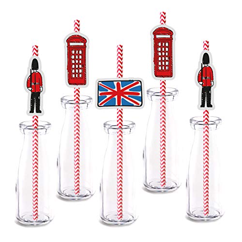 London Themed Party Straw Decor, 24-Pack Baby Shower Or Birthday British UK Party Supply Decorations, Paper Decorative Straws