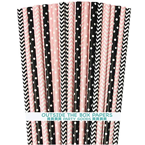 Outside the Box Papers Pink and Black Chevron and Polka Dot Paper Straws 7.75 Inches 100 Pack Pink, Black, White