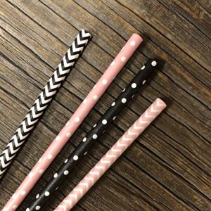 Outside the Box Papers Pink and Black Chevron and Polka Dot Paper Straws 7.75 Inches 100 Pack Pink, Black, White