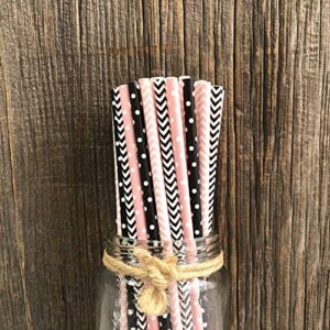 Outside the Box Papers Pink and Black Chevron and Polka Dot Paper Straws 7.75 Inches 100 Pack Pink, Black, White