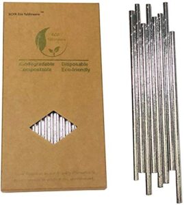 solid silver metallic party paper straws, premium - shining biodegradable straws for juice, birthday, wedding.