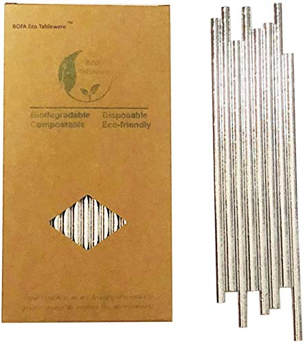 Solid Silver Metallic Party Paper Straws, Premium - Shining Biodegradable Straws For Juice, Birthday, Wedding.