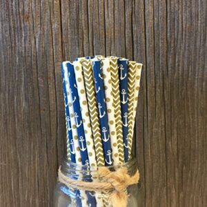 Nautical Anchor Themed Paper Straws - Navy Blue Gold White - Chevron Polka Dot - 7.75 Inches - 100 Pack - Outside the Box Papers Brand