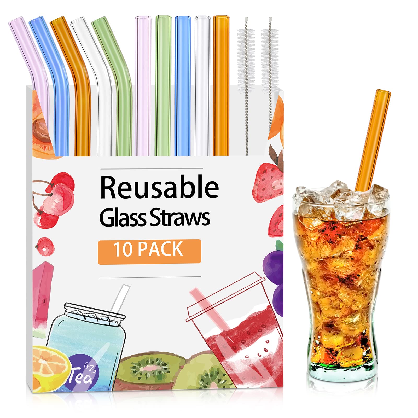 [10 Pcs] Colorful Glass Straws Shatter Resistant - 9" x 10mm Reusable Drinking Straws 5 Straight and 5 Bent with 2 Cleaning Brush Perfect for Smoothies, Milkshakes, Tea, Juice