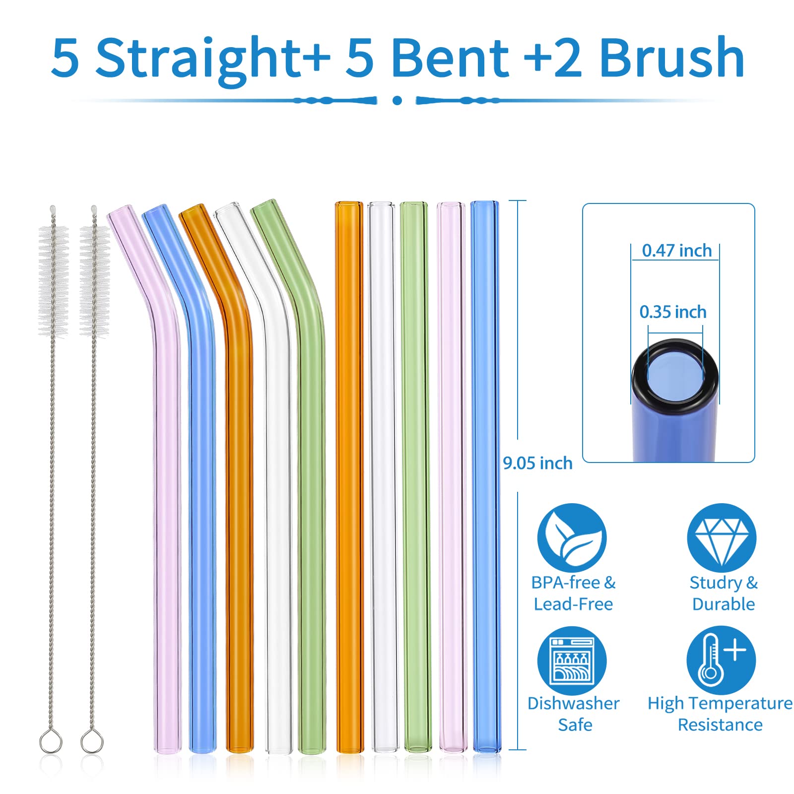 [10 Pcs] Colorful Glass Straws Shatter Resistant - 9" x 10mm Reusable Drinking Straws 5 Straight and 5 Bent with 2 Cleaning Brush Perfect for Smoothies, Milkshakes, Tea, Juice