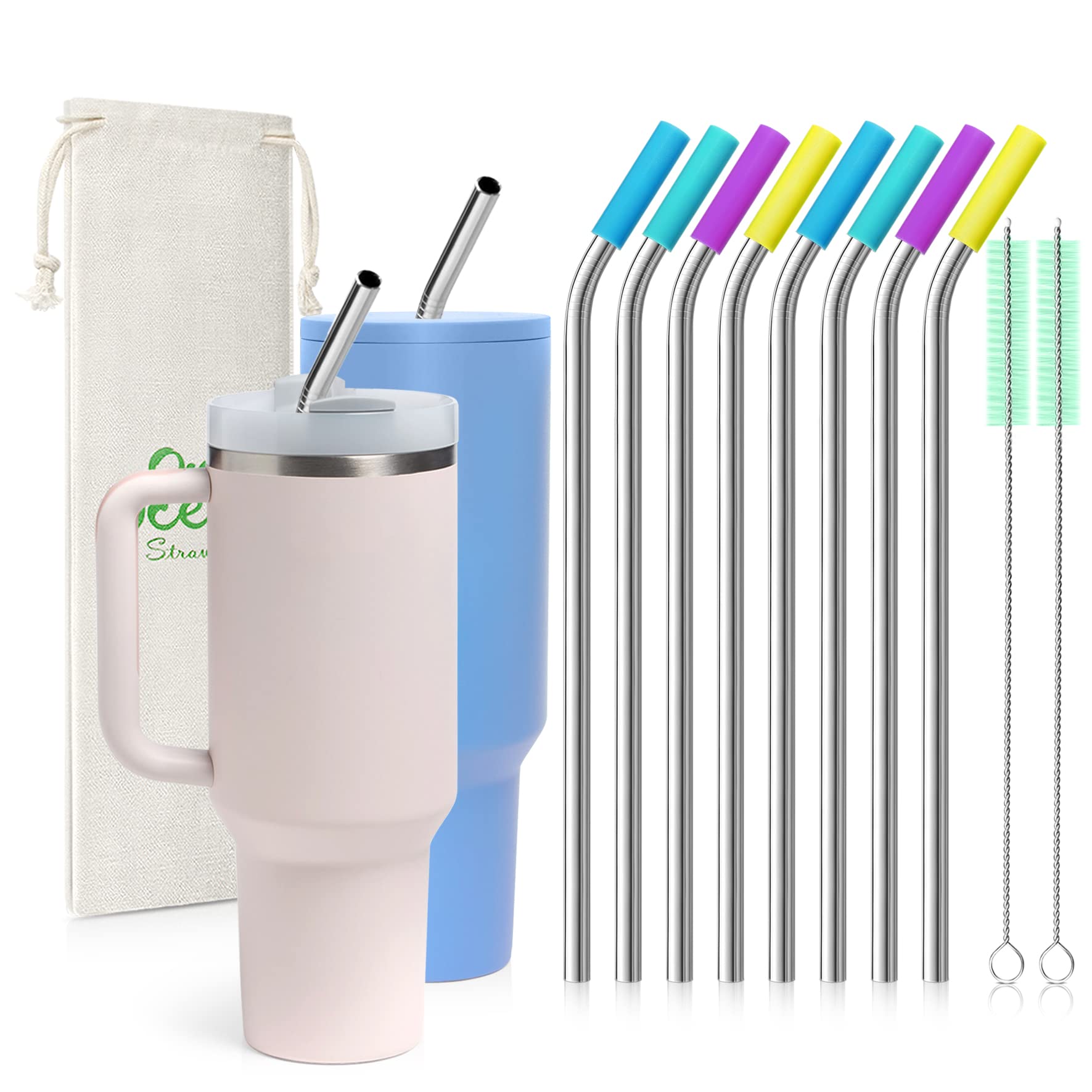 8 Piece 5/16 inch (8mm) Wide Bent Stainless Steel Straws for 40 oz Tumbler with Handle, 12 Inch Long Reusable Metal Drinking Straws, Replacement Straws with Silicone Tips & Cleaning Brush, Silver