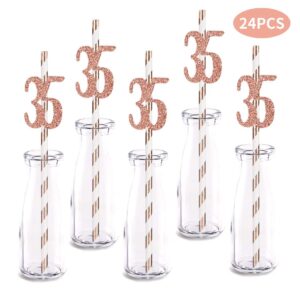 Rose Happy 35th Birthday Straw Decor, Rose Gold Glitter 24pcs Cut-Out Number 35 Party Drinking Decorative Straws, Supplies