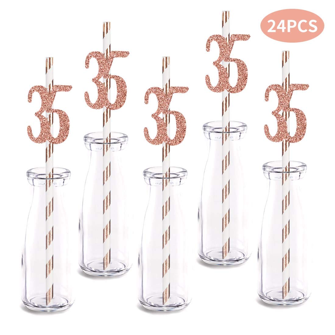 Rose Happy 35th Birthday Straw Decor, Rose Gold Glitter 24pcs Cut-Out Number 35 Party Drinking Decorative Straws, Supplies